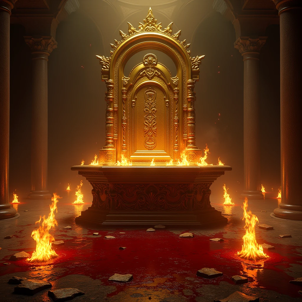 a golden altar with blood pouring on it and fire all around - SeaArt AI