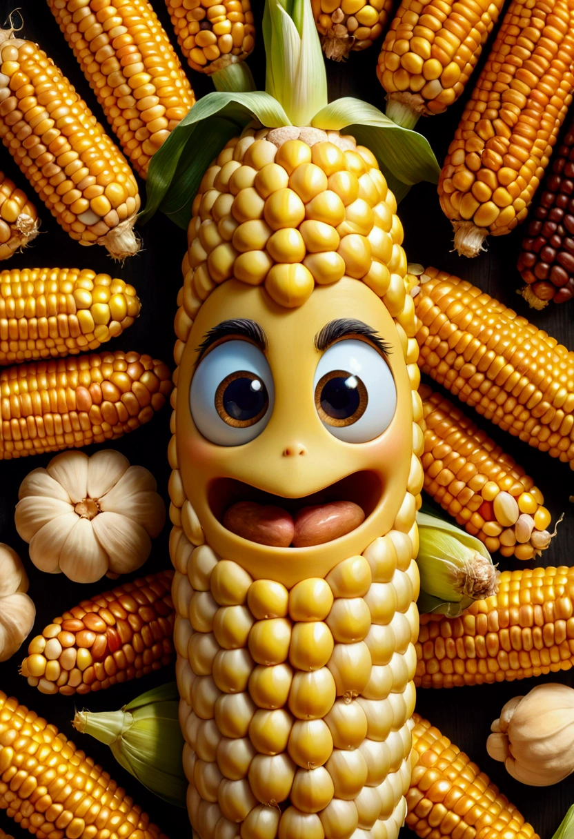 generate an image of a fluffy corn with a face, And a fluffy peanut ...