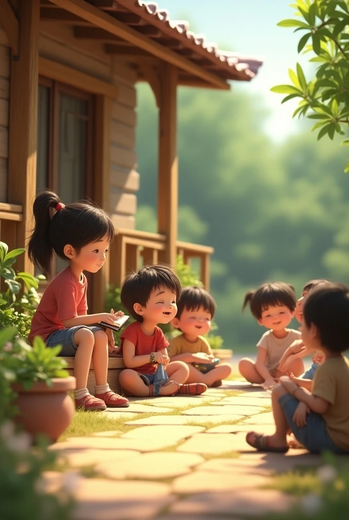 Some ren are sitting in the front of the orphanage not generate 3d ...