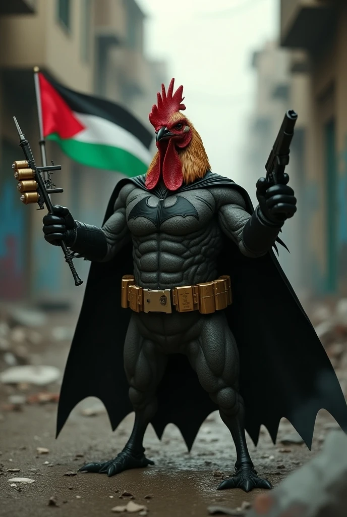A chicken wears a Batman costume while brandishing weapons and a ...