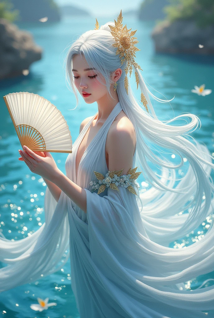 Water chinese fish goddess with white and gold fan, white and blue ish ...