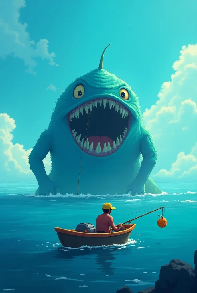 Draw a meme scene: A man is fishing in a small boat in the middle of ...