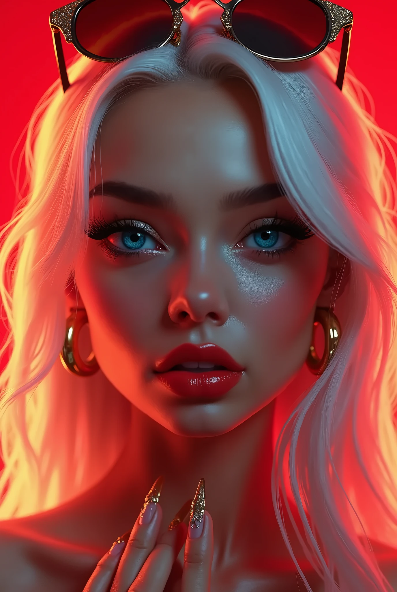 hyperrealistic face , a close up of a woman with long white hair and ...