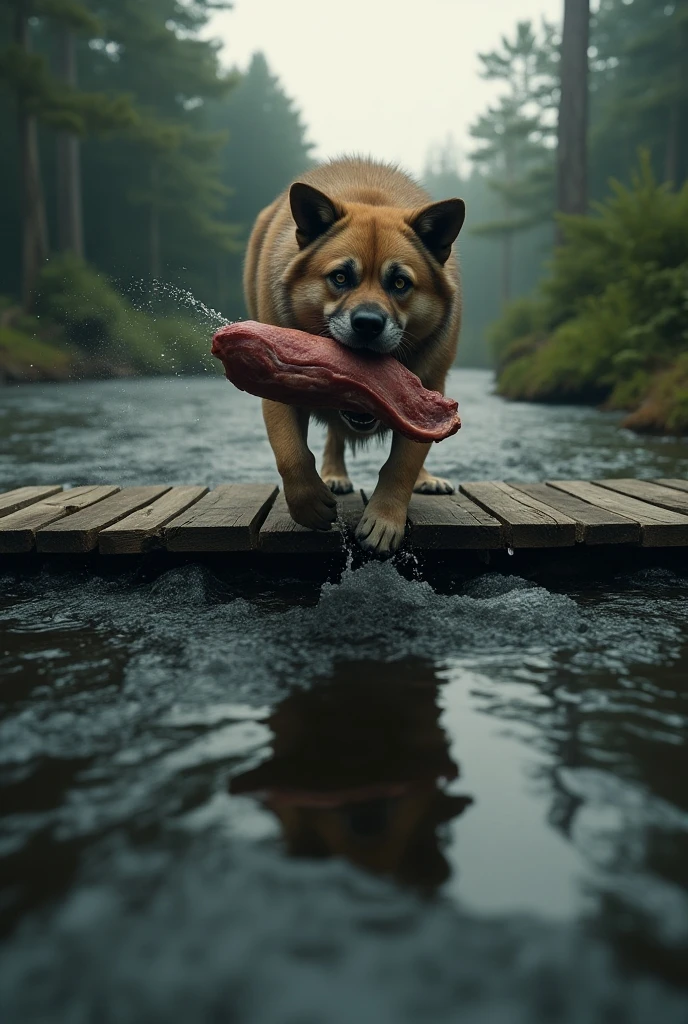 A greedy dog, with a large piece of meat in its mouth, walks across a ...