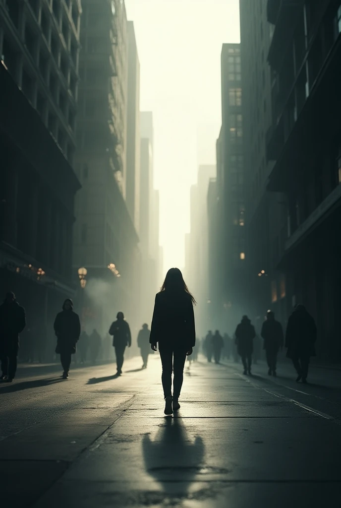 A person walking alone on a street, with shadows or figures of other ...