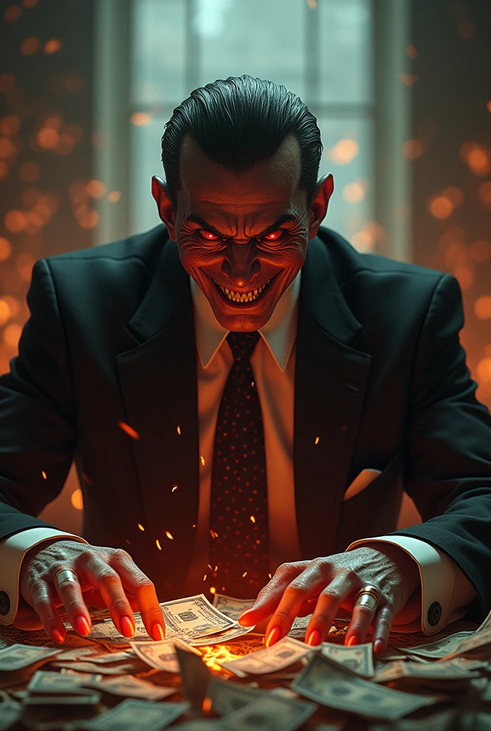 Evil rich mysterious man laughing with red eyes with lots of money and ...