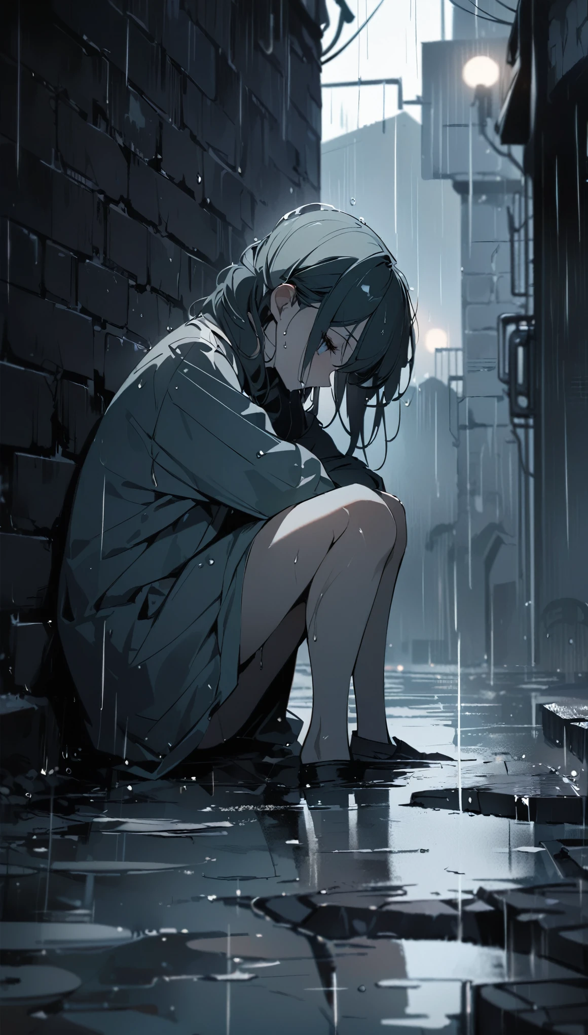 sitting alone in a rain-drenched alley、Gloomy mood、 1 girl - SeaArt AI