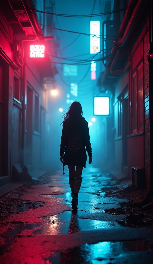 Low angle shot, shot from ground level, a mysterious cyberpunk alley in ...