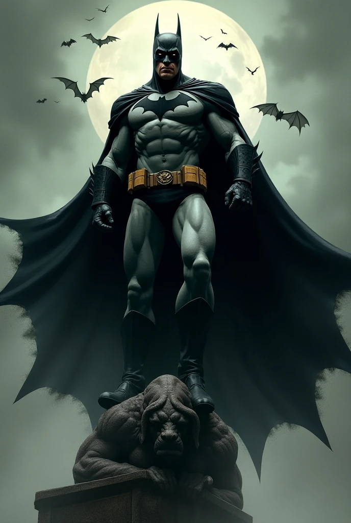 Batman the dark knight, strong and big, heavy, seen from the bottom ...