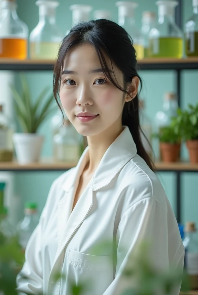 A beautiful female scientist , testing the efficacy of medicinal herbs ...