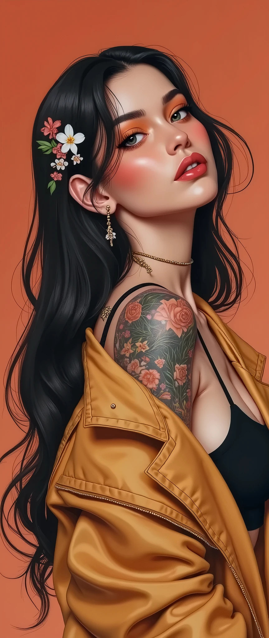 , a woman with a tattoo on her arm and a jacket, flowers in her dark hair - SeaArt AI