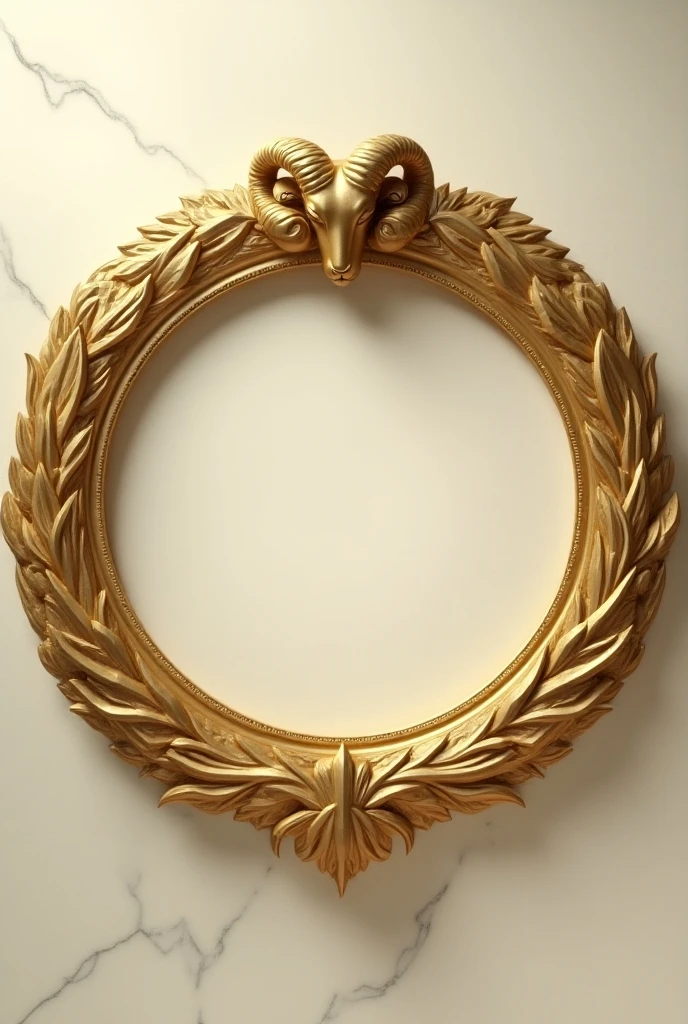 Create a round shape golden photo frame with a markhor animal effigy or ...