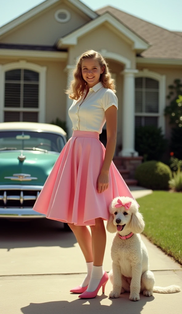 A vibrant 1950s scene captures a teenage girl with perfectly styled ...