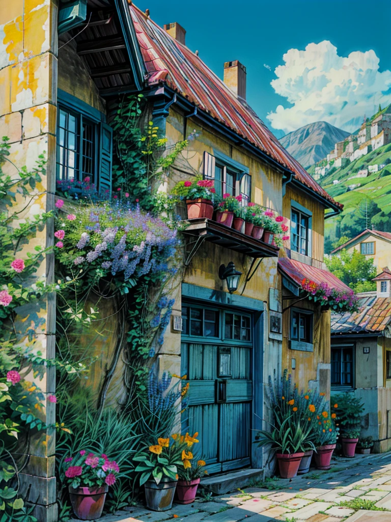 A yellow building with a blue door and pink flowers, pink door - SeaArt AI