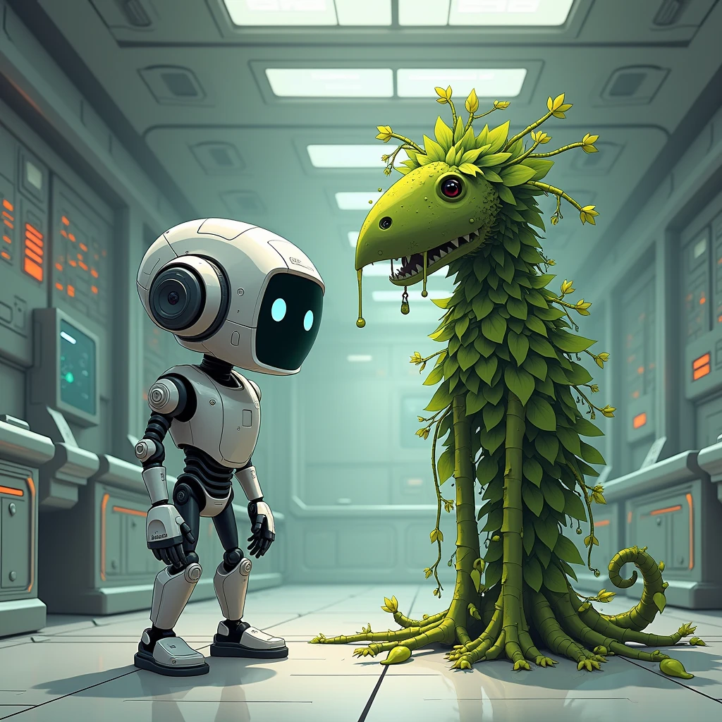 A fascinated robot looking at a creature made of leaves and plants ...