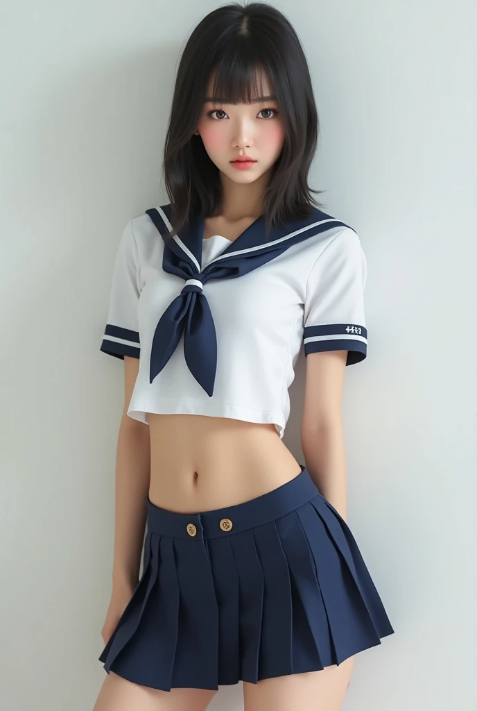 Micro mini skirt, korean girl, school uniform, navel - SeaArt AI