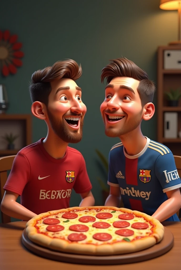 Messi et ronalso mange pizza et rire - SeaArt AI