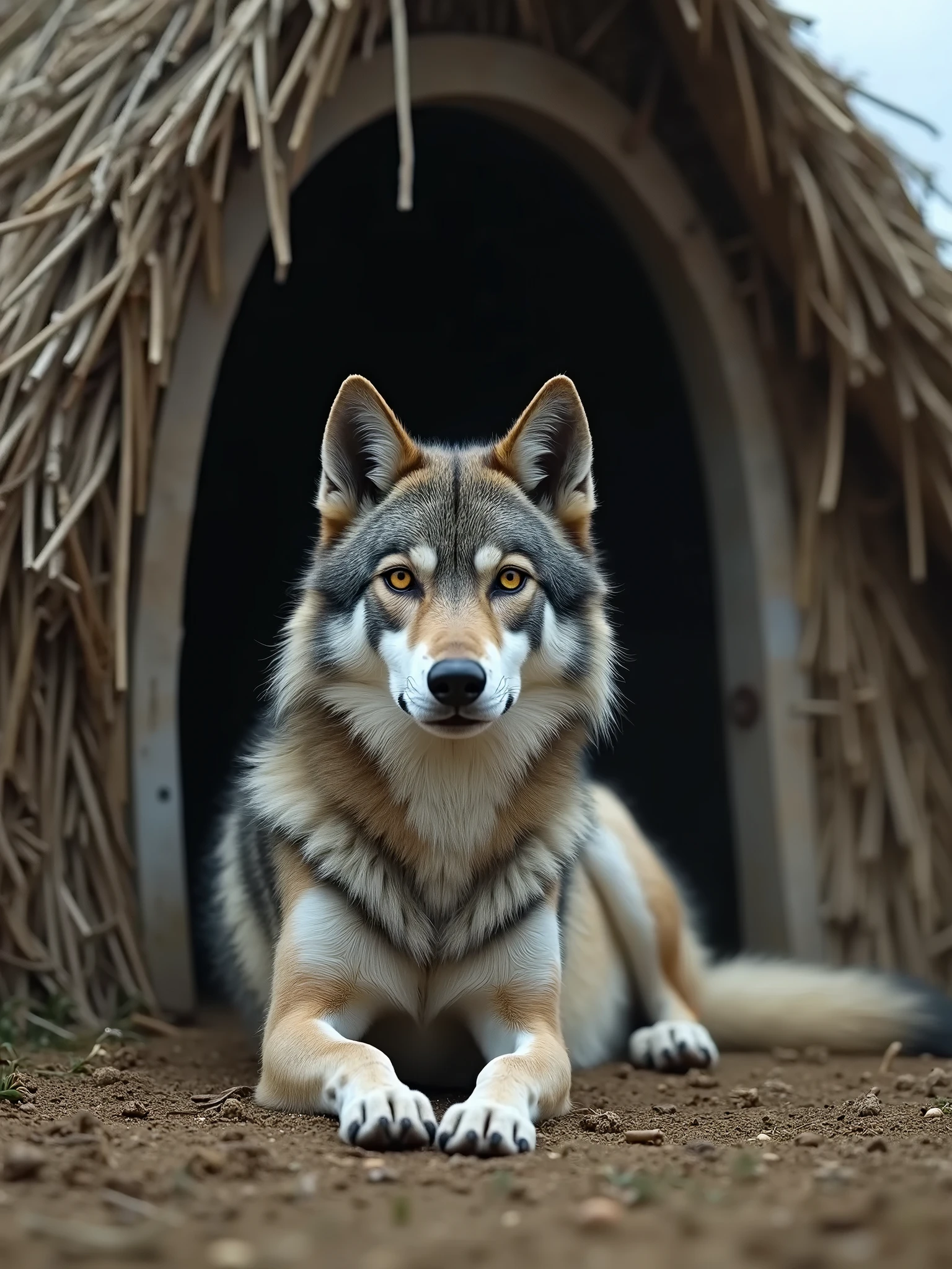 Gray she-wolf lies in front of a straw hut, she-wolf is confused ...