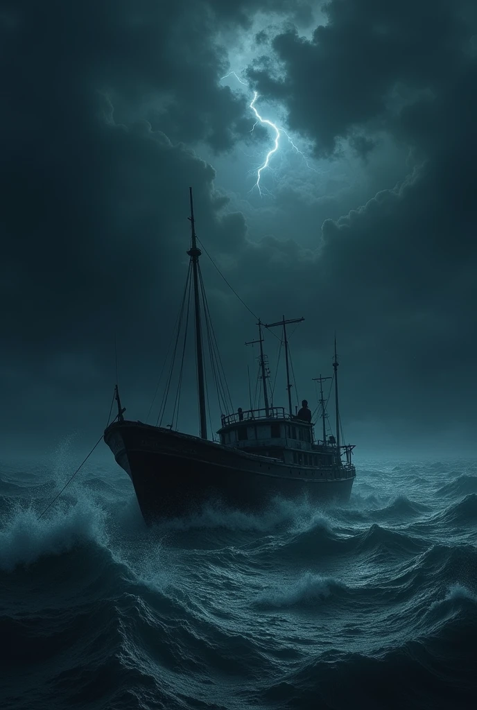The gloomy sea on a dark night with a fishing boat adheres - SeaArt AI