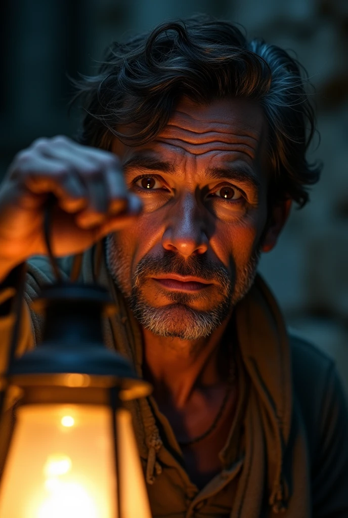 A close-up of a weathered face illuminated by a flickering lantern ...