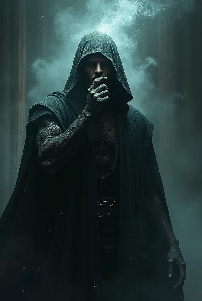 Lashar whispering , with an intense expression and a dark aura ...