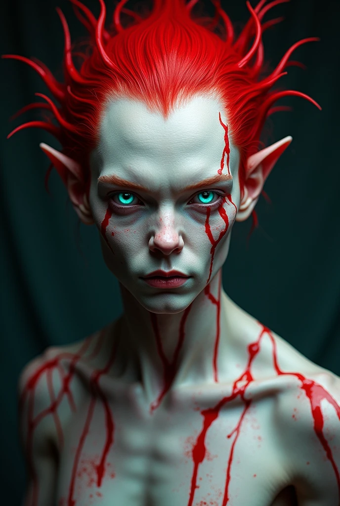 Extremely white male humanoid with scarlet hair and red scars all over ...