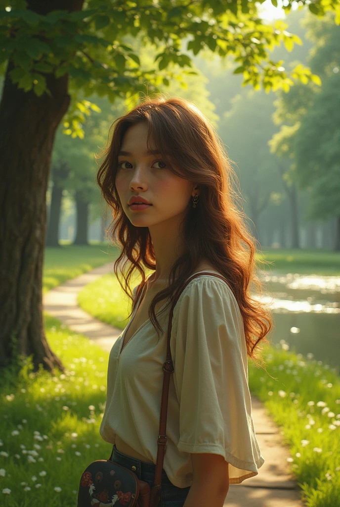 15-year-old woman, Long brown hair in a park - SeaArt AI