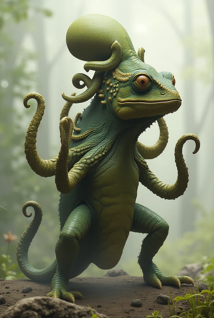 A chameleon , an octopus on top of it , 4 tentacles on one side of the ...