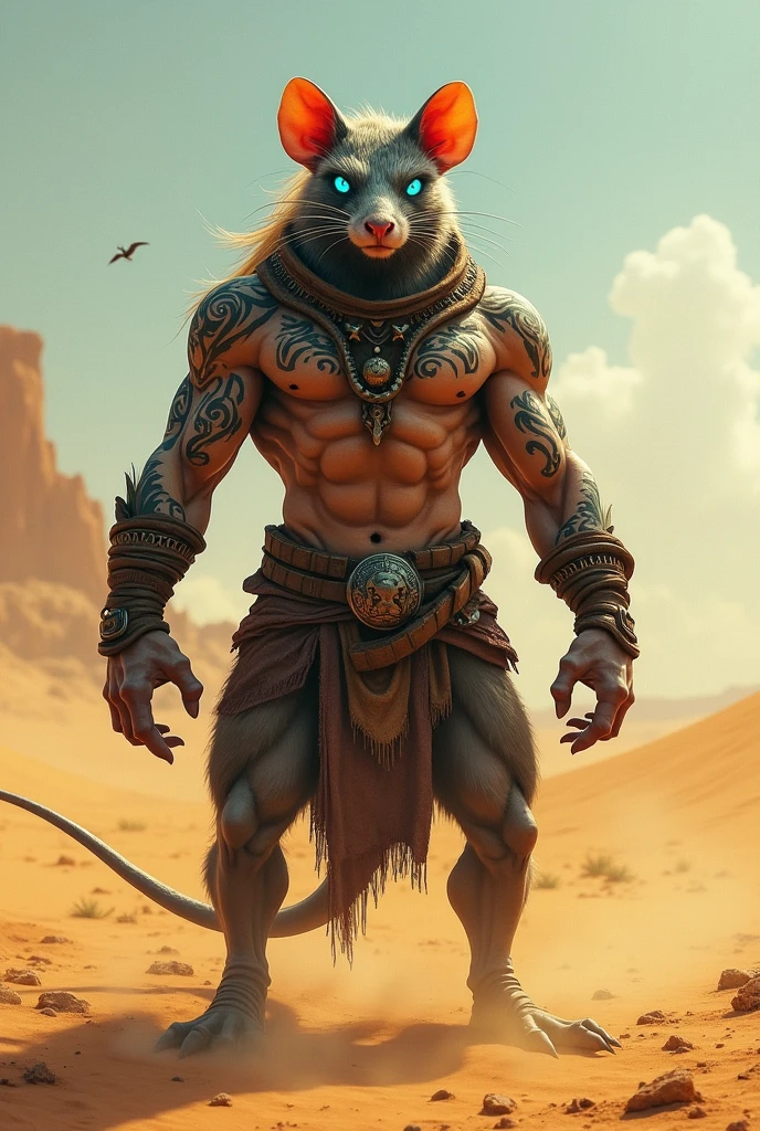 A muscular humanoid rat warrior stands in the vast desert, his powerful ...