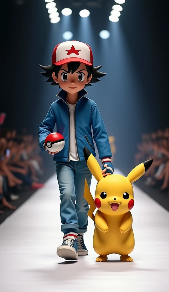 A realistic walks down a runway dressed as Ash Ketchum from Pokémon ...