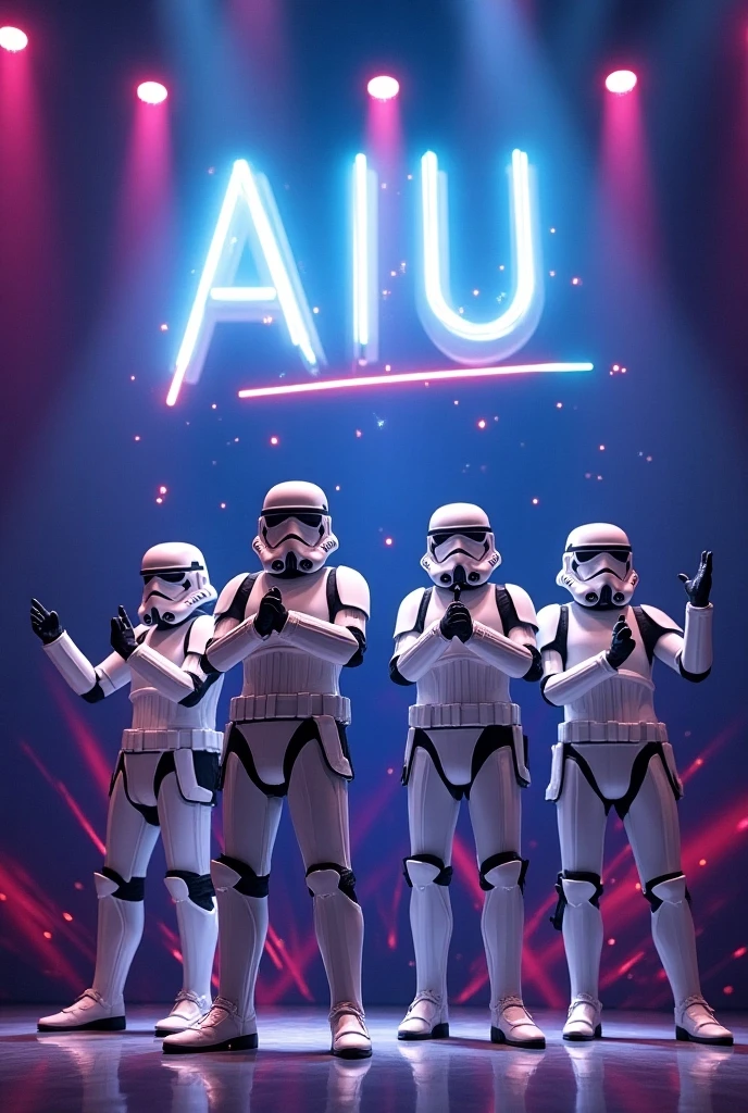 Four singers on stage wearing idol costumes with stormtrooper helmets ...