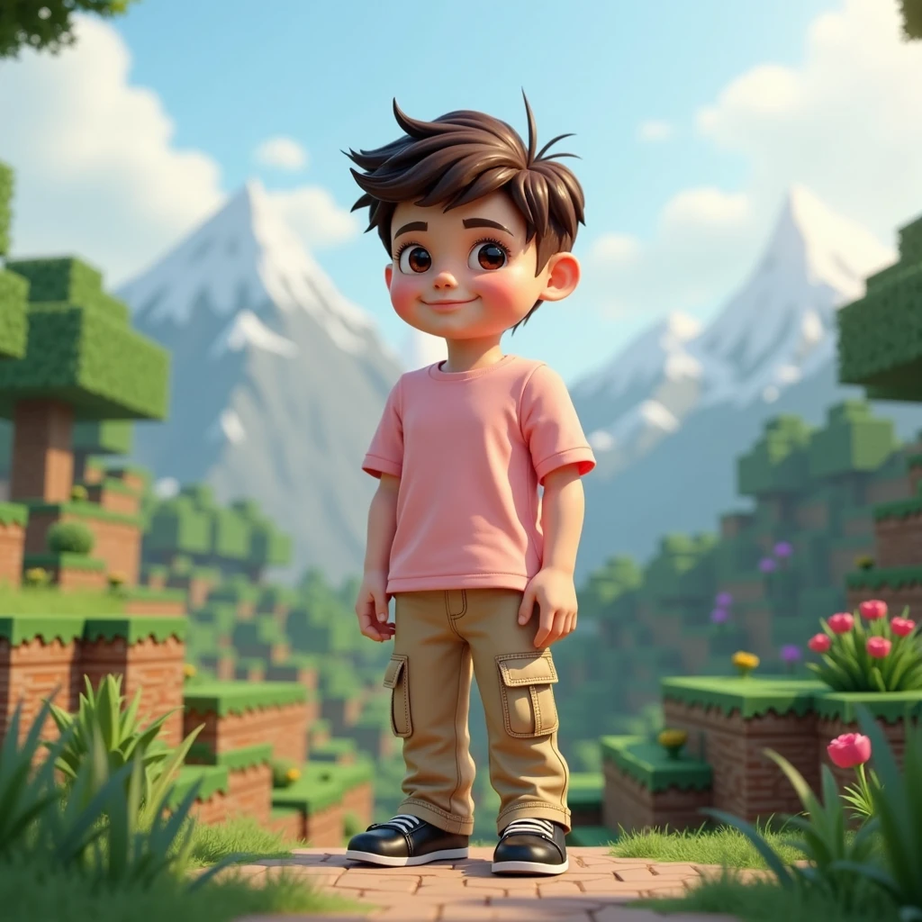 A minecraft boy wear a baby pink t shirt and light brown pants and ...