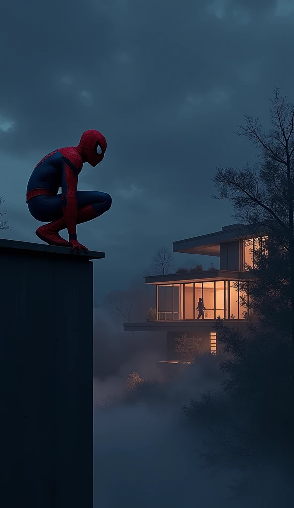 Create a moody, cinematic scene featuring Spider-Man and a modern house ...