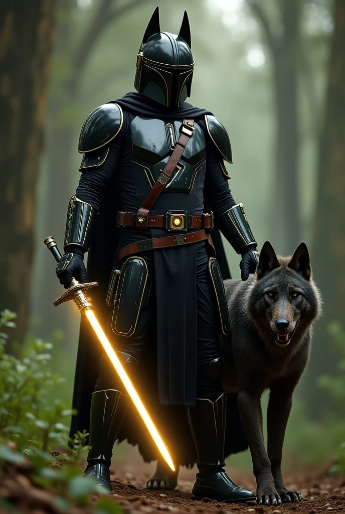 Mandalorian in black armor with gold lines, wolf ears on the helmet ...