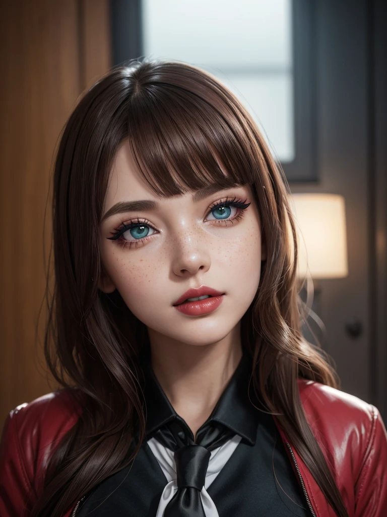 Cute girl, cute woman, in a shiny black puffy jacket crawls, face ...