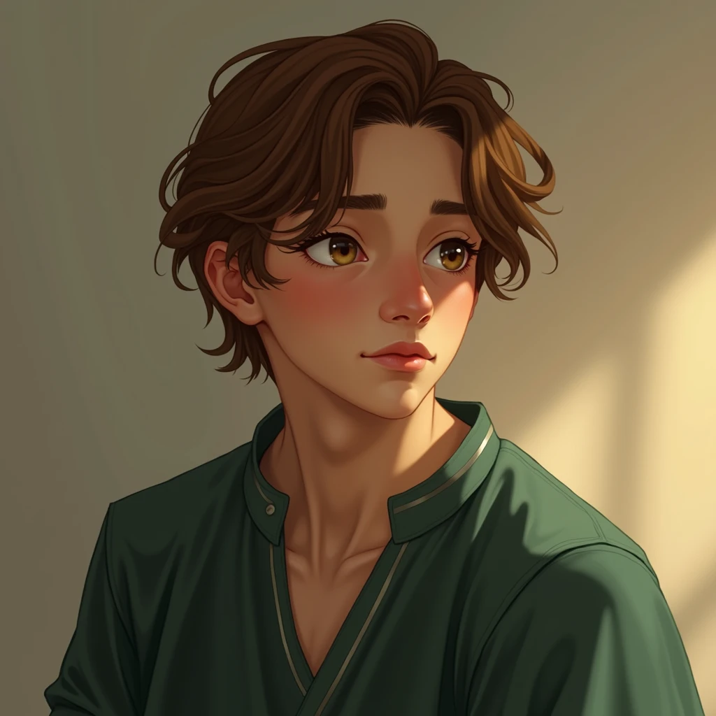 Portrait of a young man with soft features, looking thoughtful - SeaArt AI