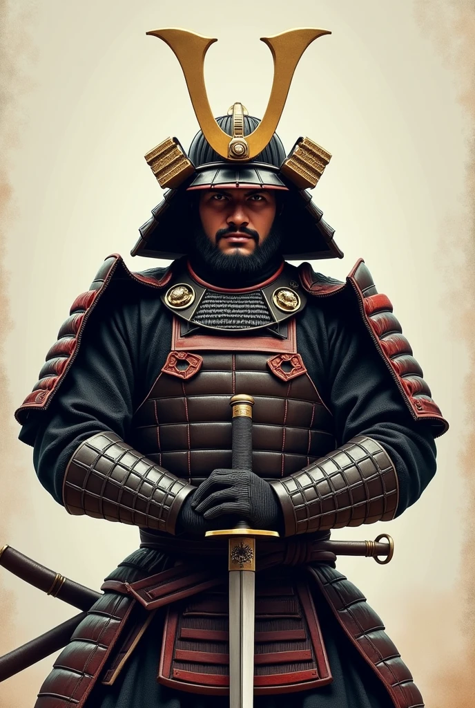 Samurai holding sword with both hands in front of him, wearing full ...