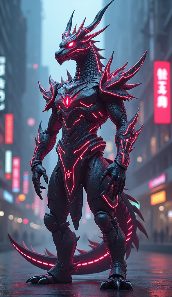 Japan Dragon king, humanoid Dragon with cyber crown, clad in glow line ...