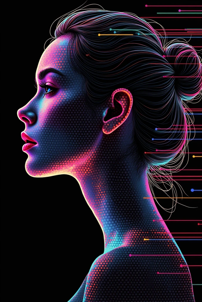 Profile face of woman, digital art of in the style of dot matrix with ...