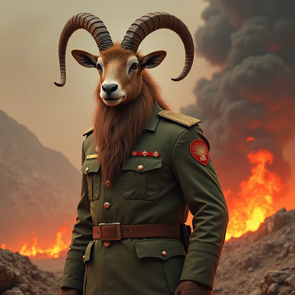 Generate karakoram markhor wearing a army uniform and in the background ...