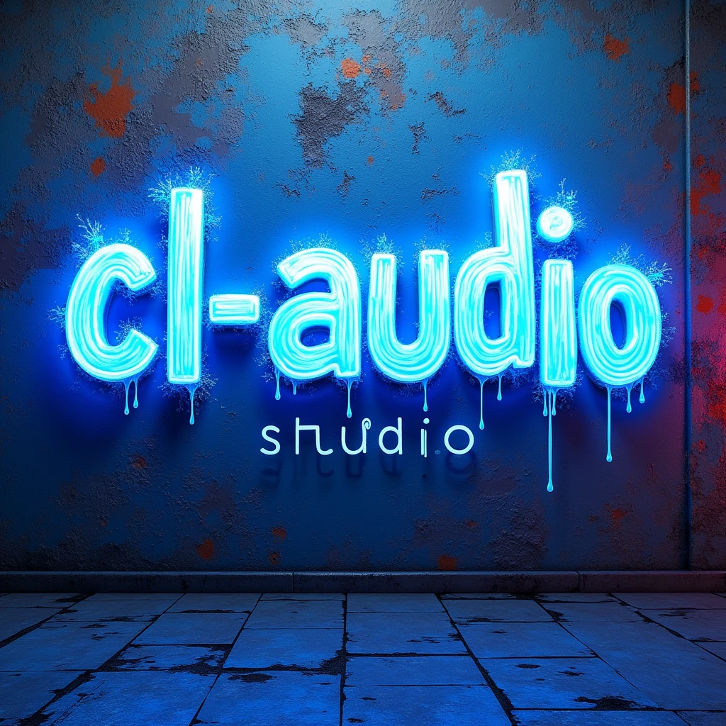 Write “CL-Audio STUDIO” in neon blue spray paint graffiti style street ...