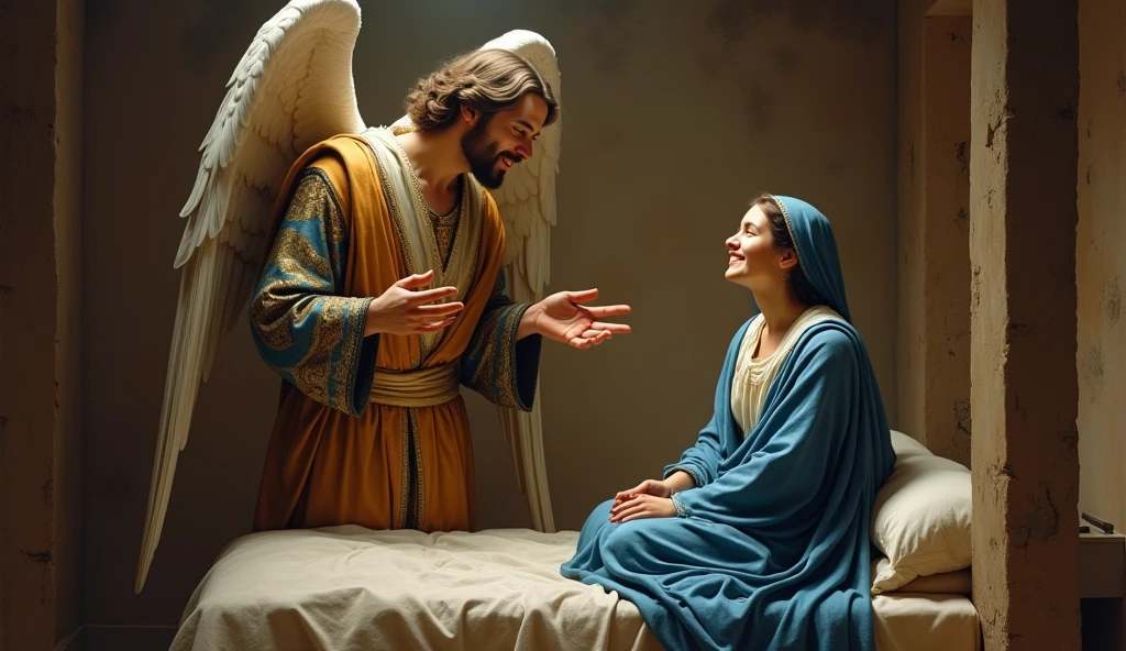 Inside a house, Nazareth, bed, angel Gabriel talking to virgin Mary ...