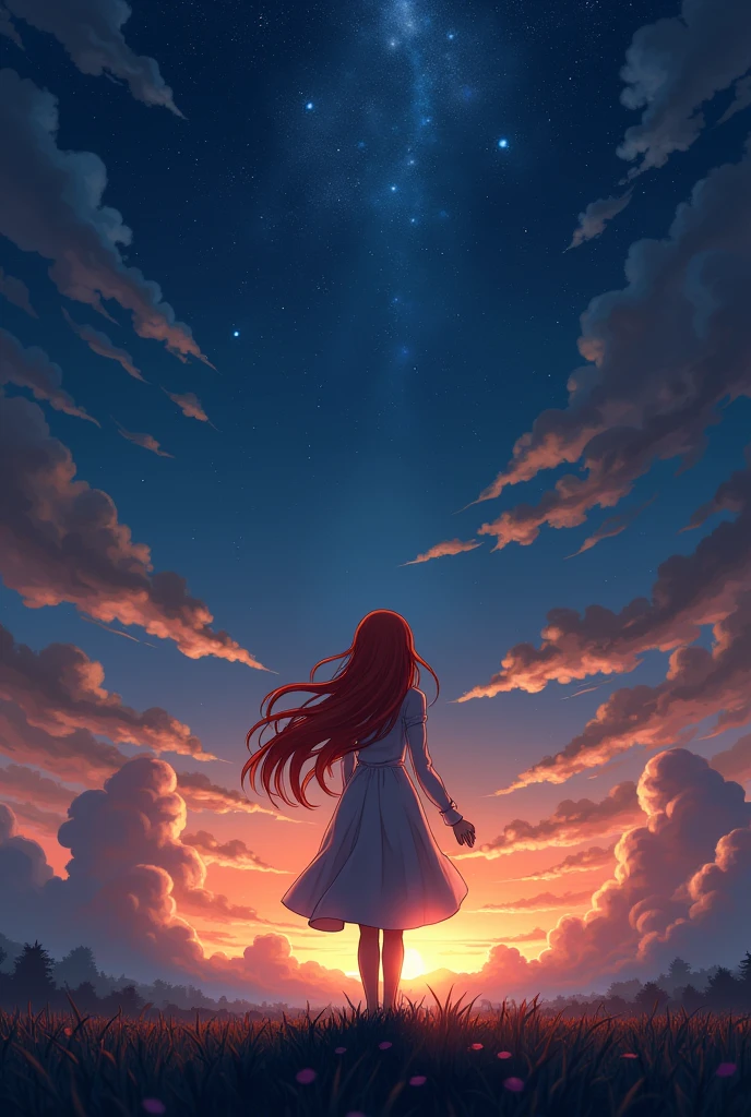 anime woman with long ginger hair stands with her back to us - SeaArt AI