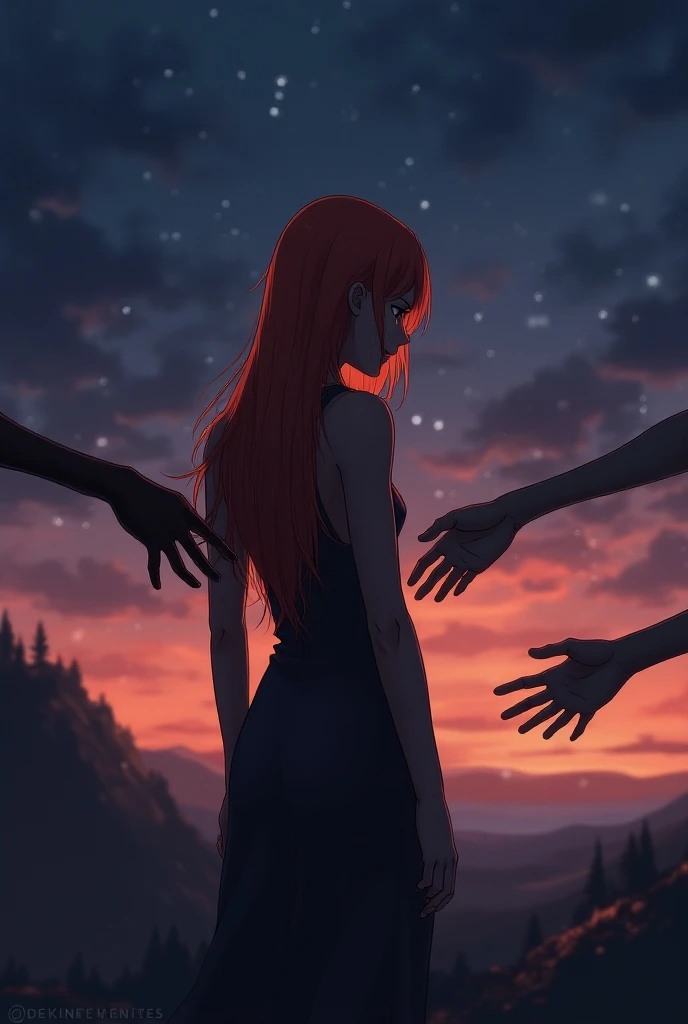 Anime-woman with long, ginger hair stands with her back to us - SeaArt AI