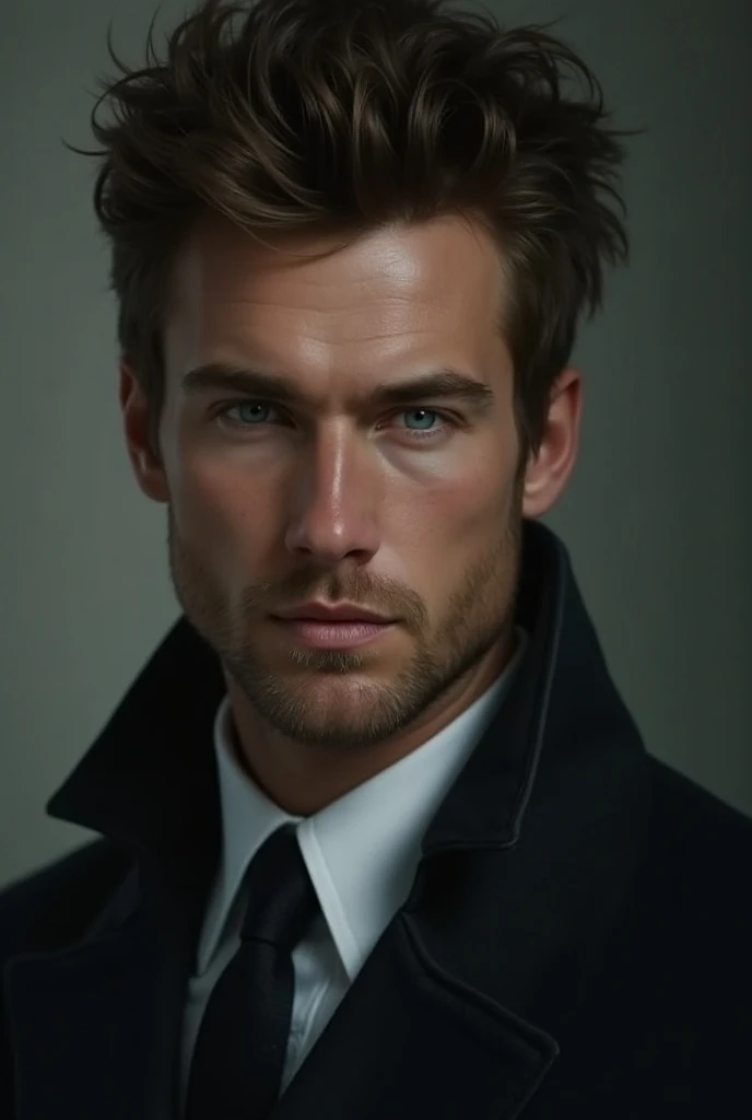 Young man, high, husky, brown hair, intense blue eyes , square chin ...