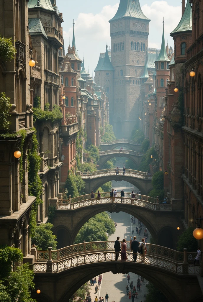 A highly detailed city street with towering gothic and art nouveau ...