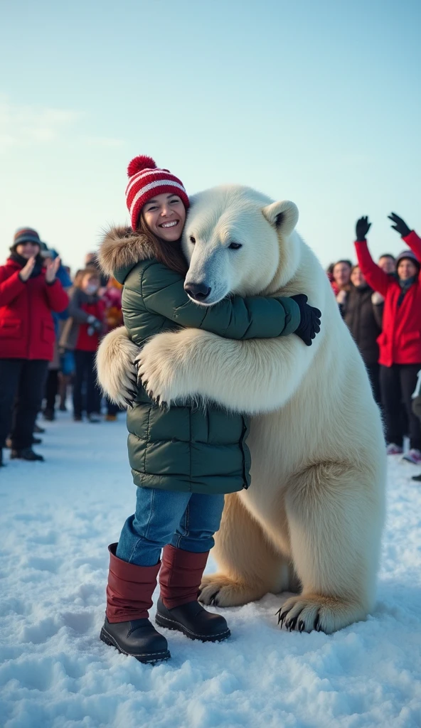 People in the North Pole happily hug a big polar bear, in the ...