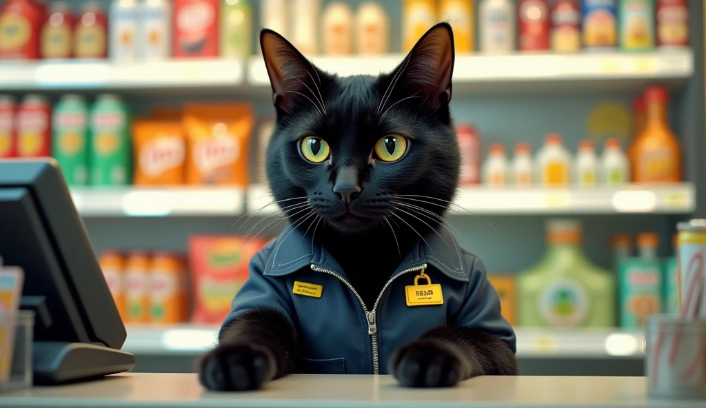 A hyperrealistic image of a black cat working as a convenience store ...