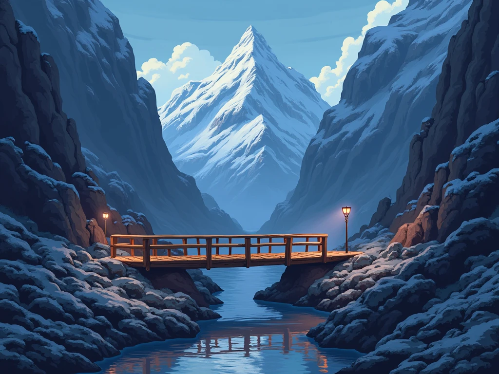 Wooden bridge between mountains, 2D, empty, pixelated, detailed - SeaArt AI