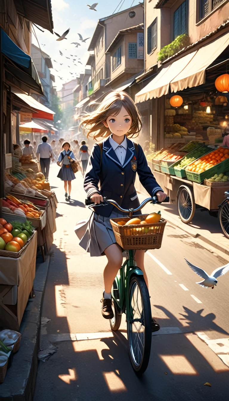 A middle school girl is riding her bike home from school, in an orderly ...